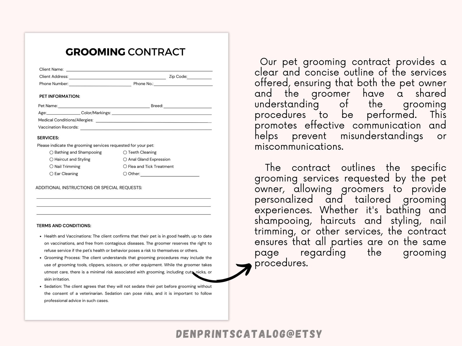 Pet Grooming Contract Printable, Pet Client Grooming Agreement, Dog Cat ...