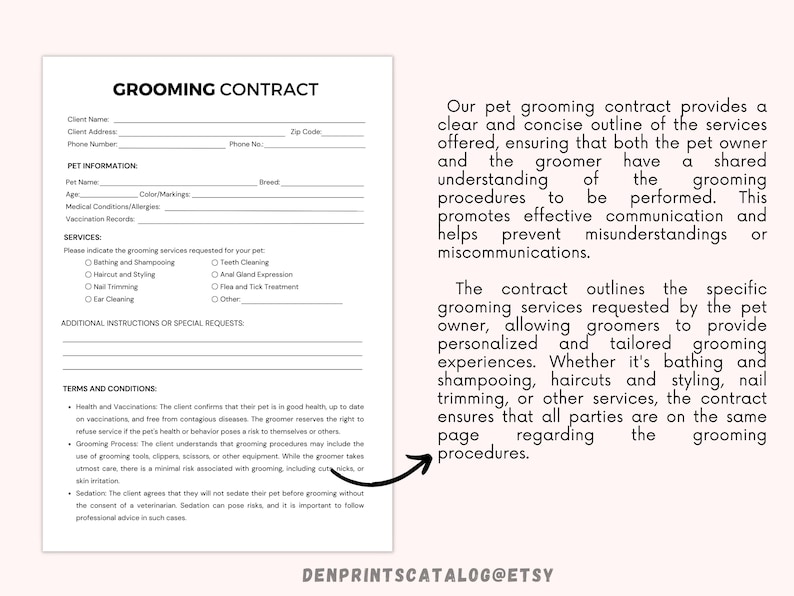 Pet Grooming Contract Printable, Pet Client Grooming Agreement, Dog Cat ...