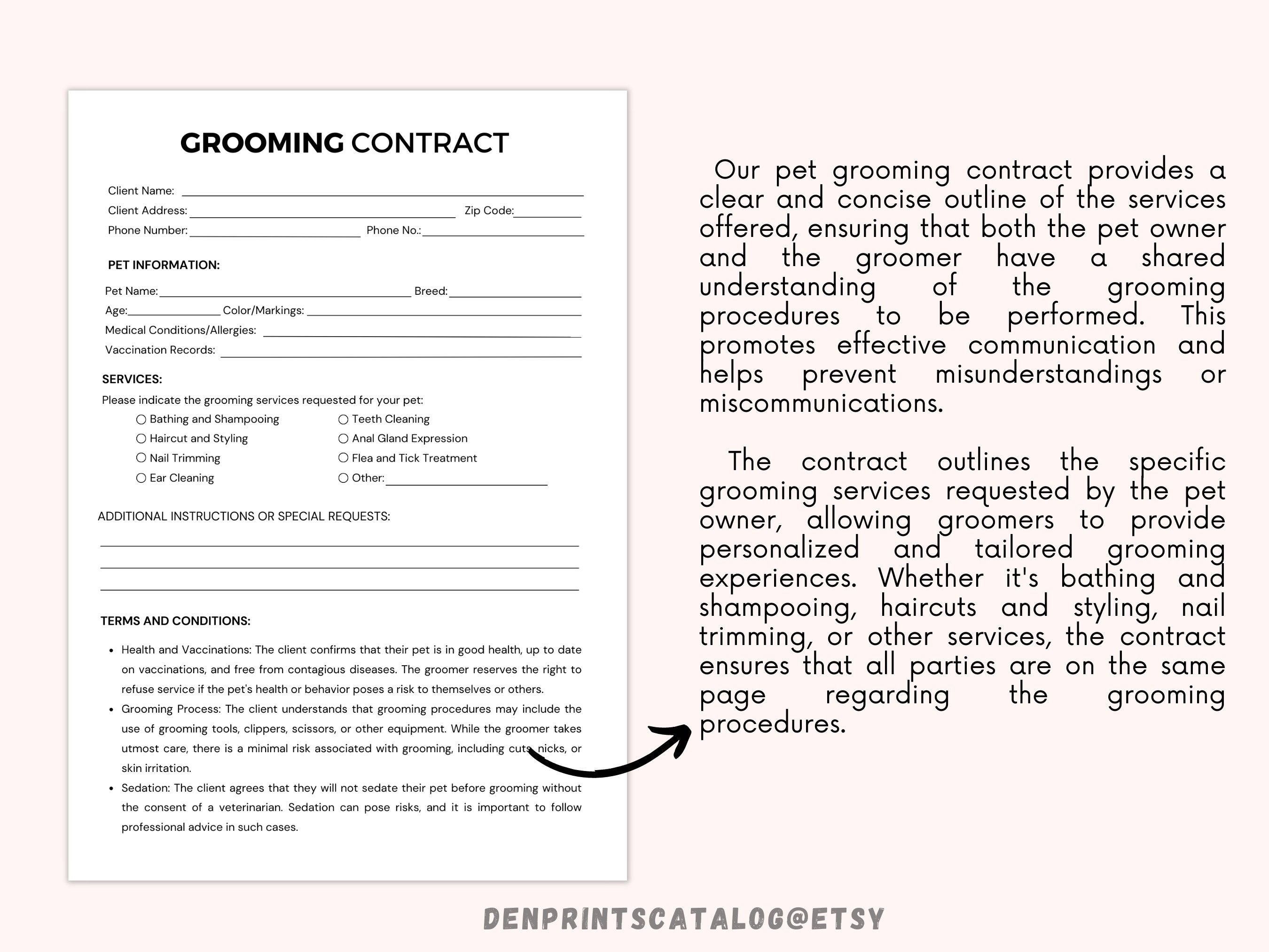 Pet Grooming Contract Printable, Pet Client Grooming Agreement, Dog Cat ...