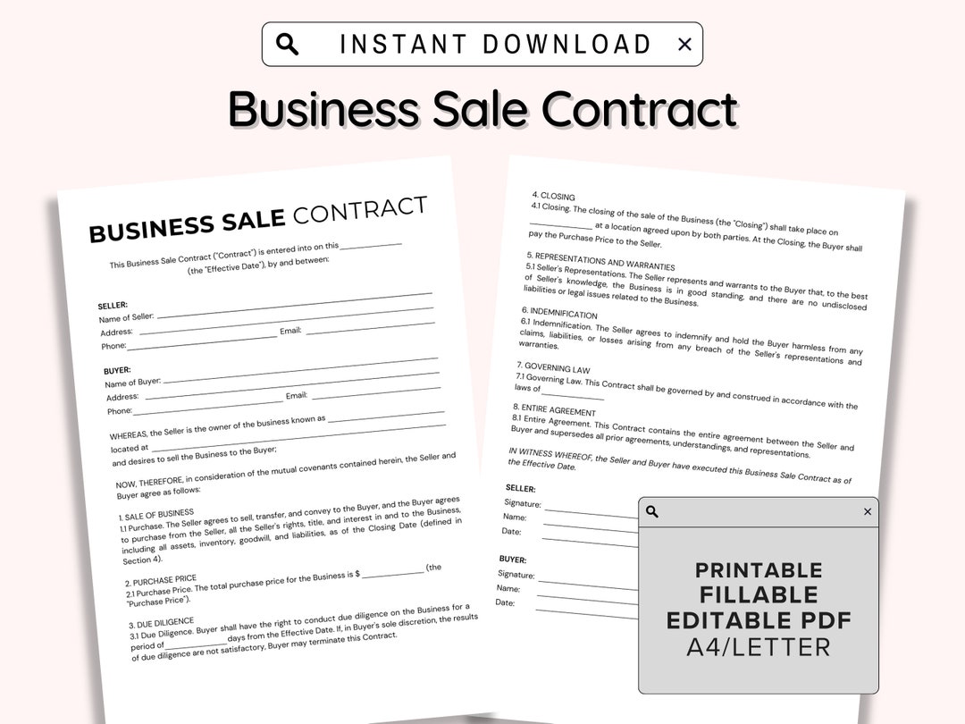 Fillable PDF Business Sales Contract, Purchase Agreement Printable ...