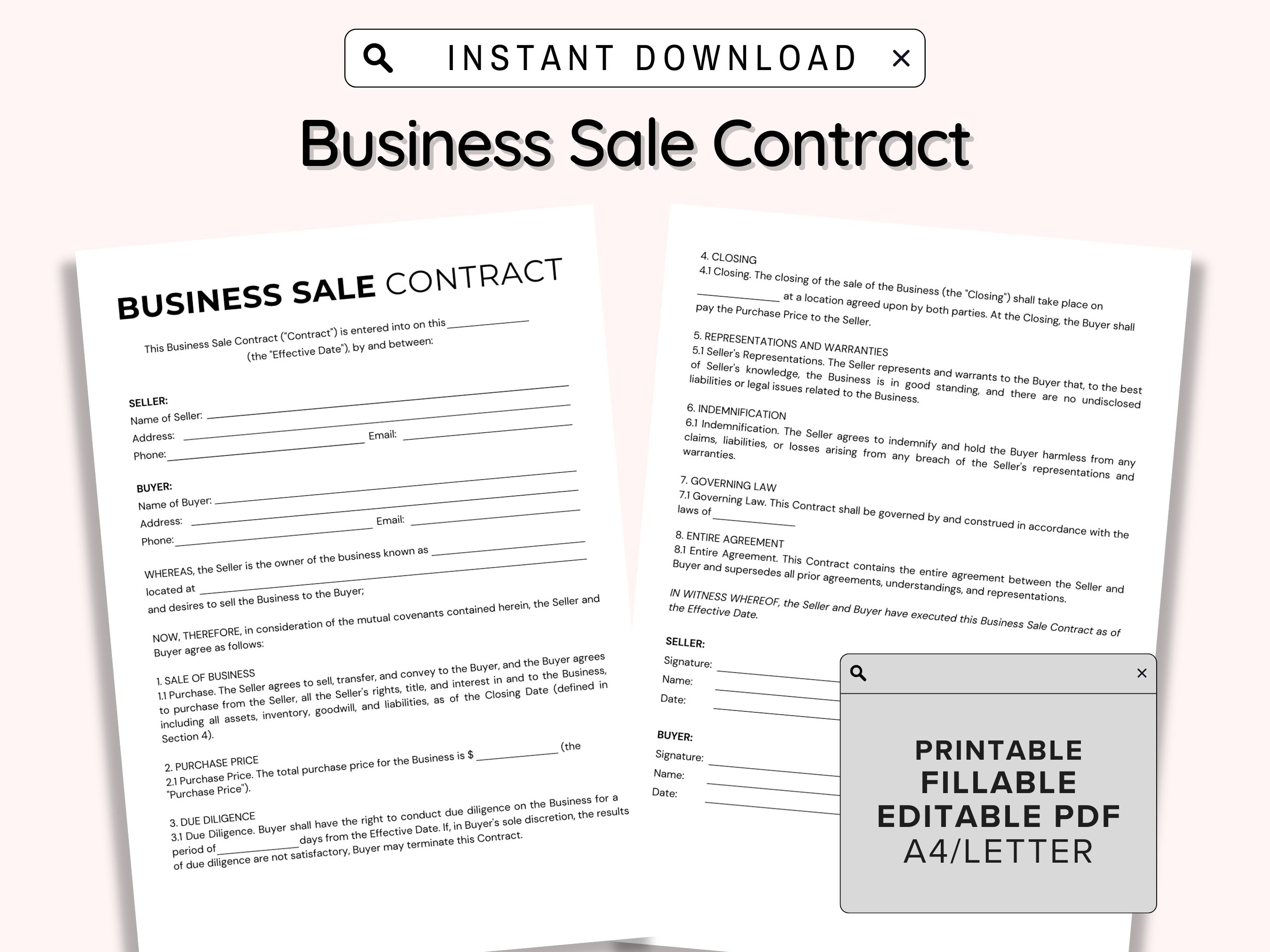 Fillable PDF Business Sales Contract, Purchase Agreement Printable ...