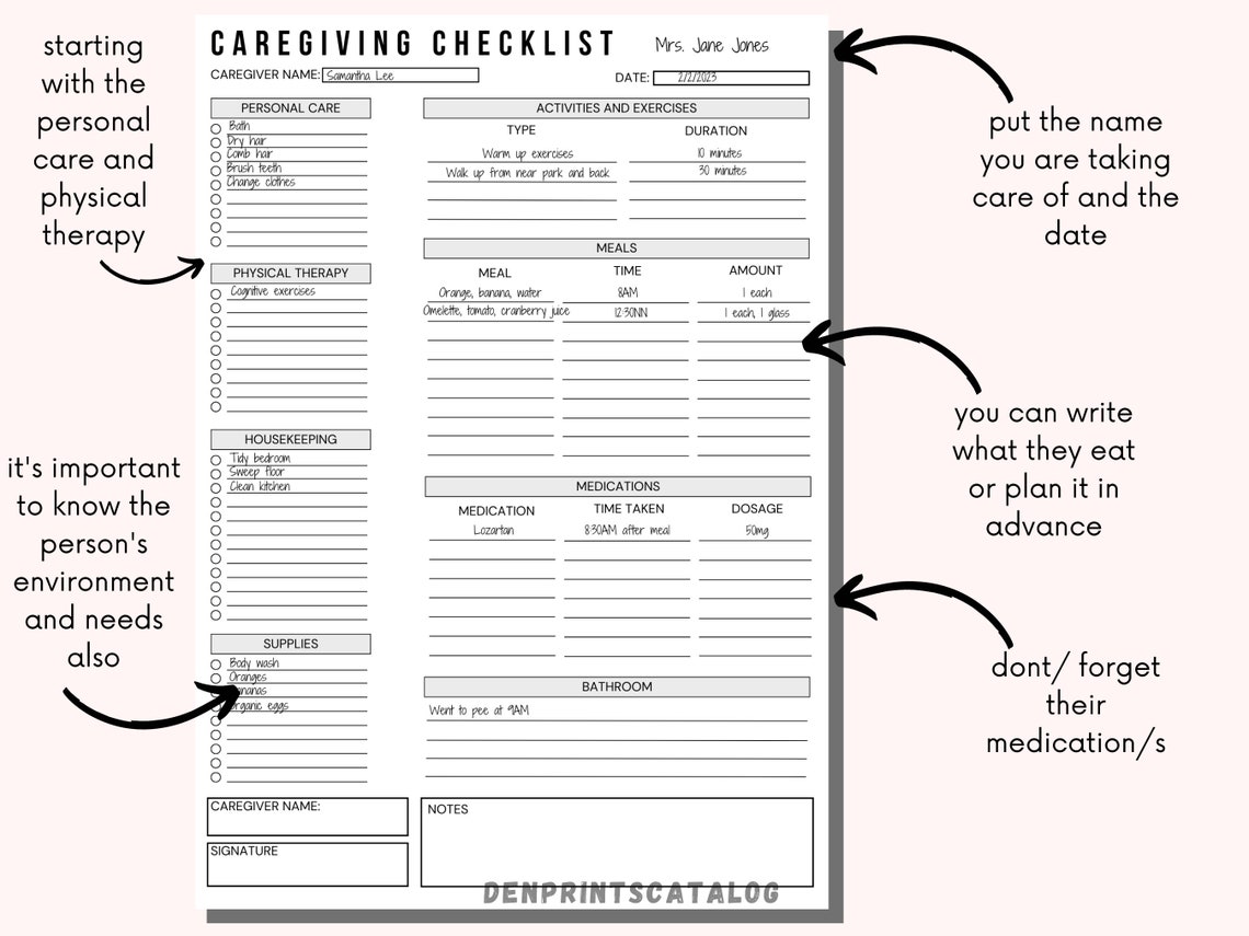 Caregiver Daily Tasks Printable Caregiving Checklist Elderly - Etsy