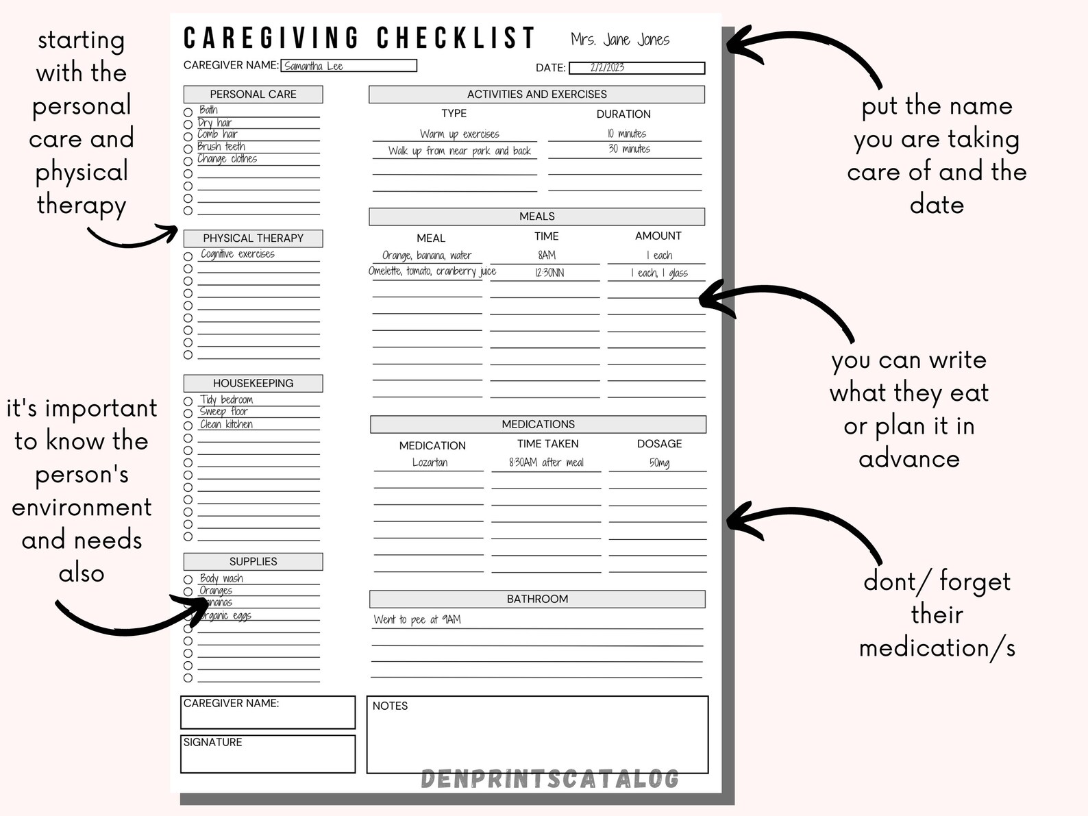 Caregiver Daily Tasks Printable, Caregiving Checklist, Elderly Care ...