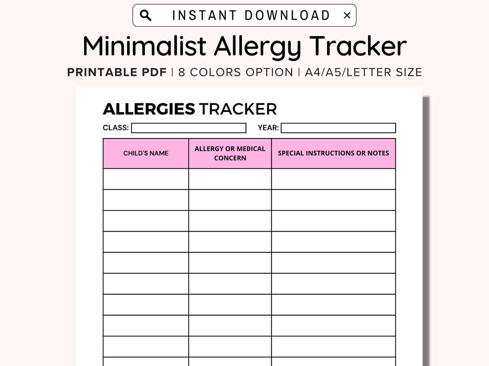 Daycare Allergy Tracker Printable, Chart Allergy Events Symptoms ...