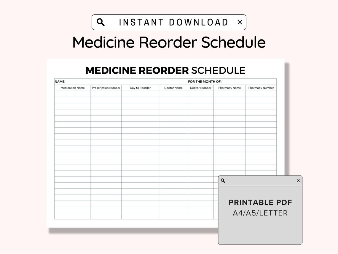 Printable Medicine Reorder Prescription Refill Tracker, Print and Write ...