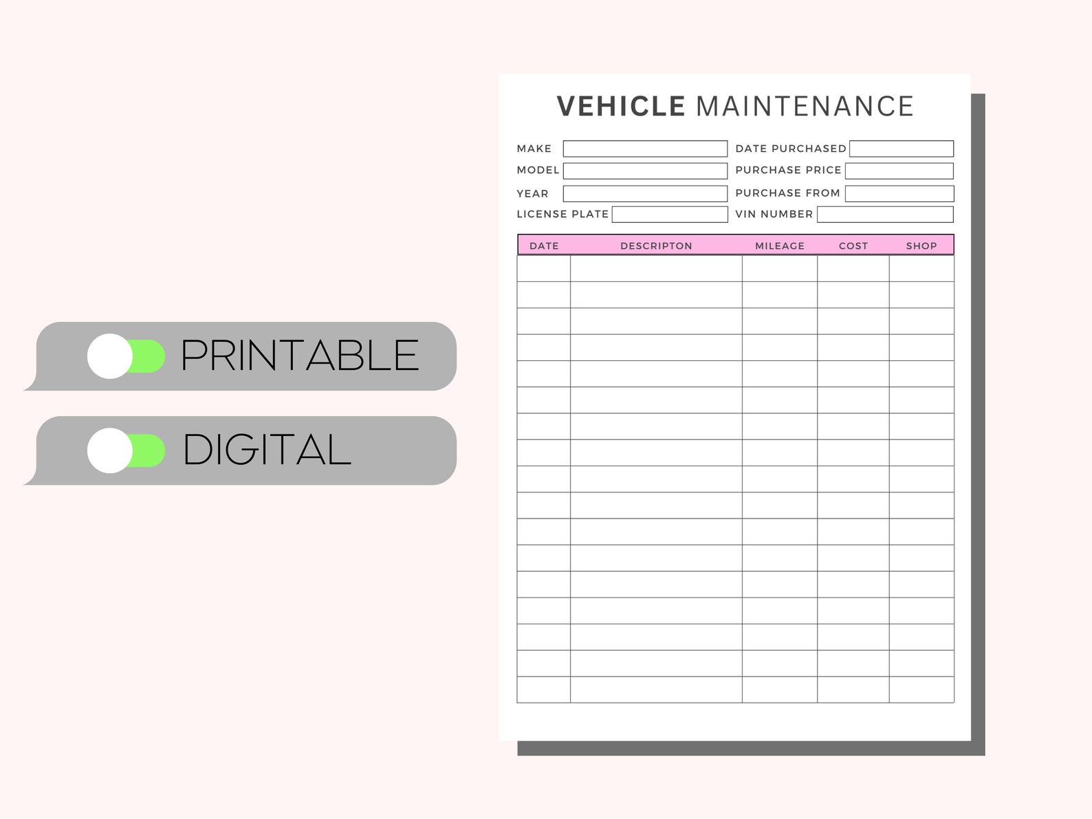 Vehicle Maintenance Log Printable, Vehicle Service Tracker, Vehicle ...