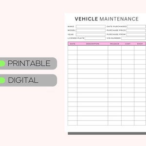 Vehicle Maintenance Log Printable, Vehicle Service Tracker, Vehicle ...