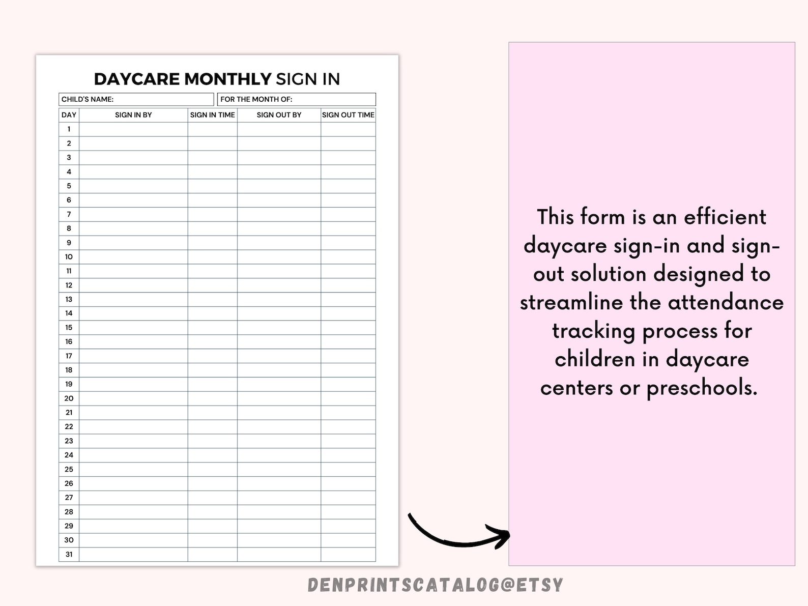 Daycare Monthly Sign in and Out, Student Name Print and Write, Sign in ...