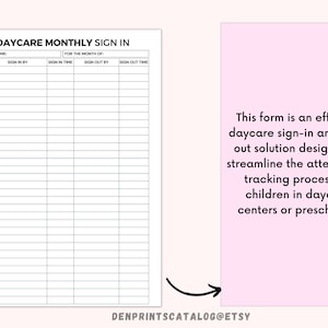 Daycare Monthly Sign in and Out, Student Name Print and Write, Sign in ...