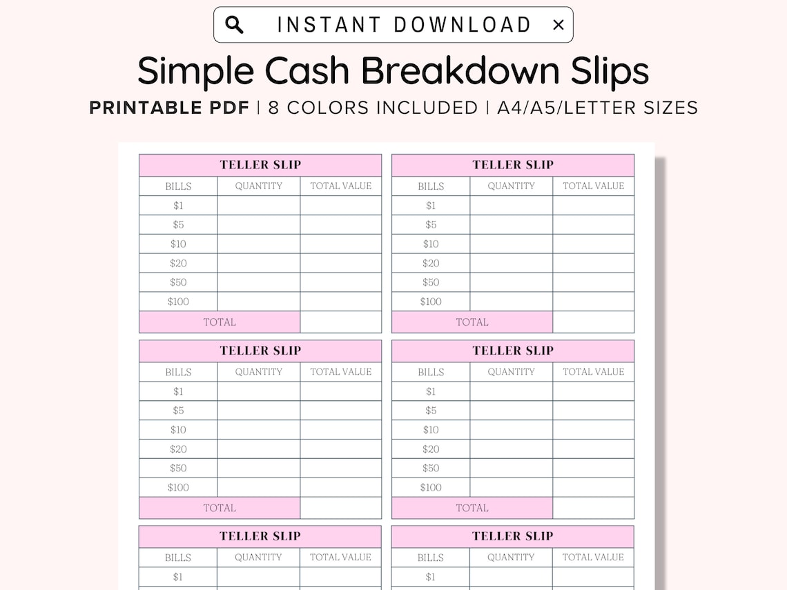 Cash Breakdown Slips Printable, Bank Teller Slips, Cash Withdraw Slips ...