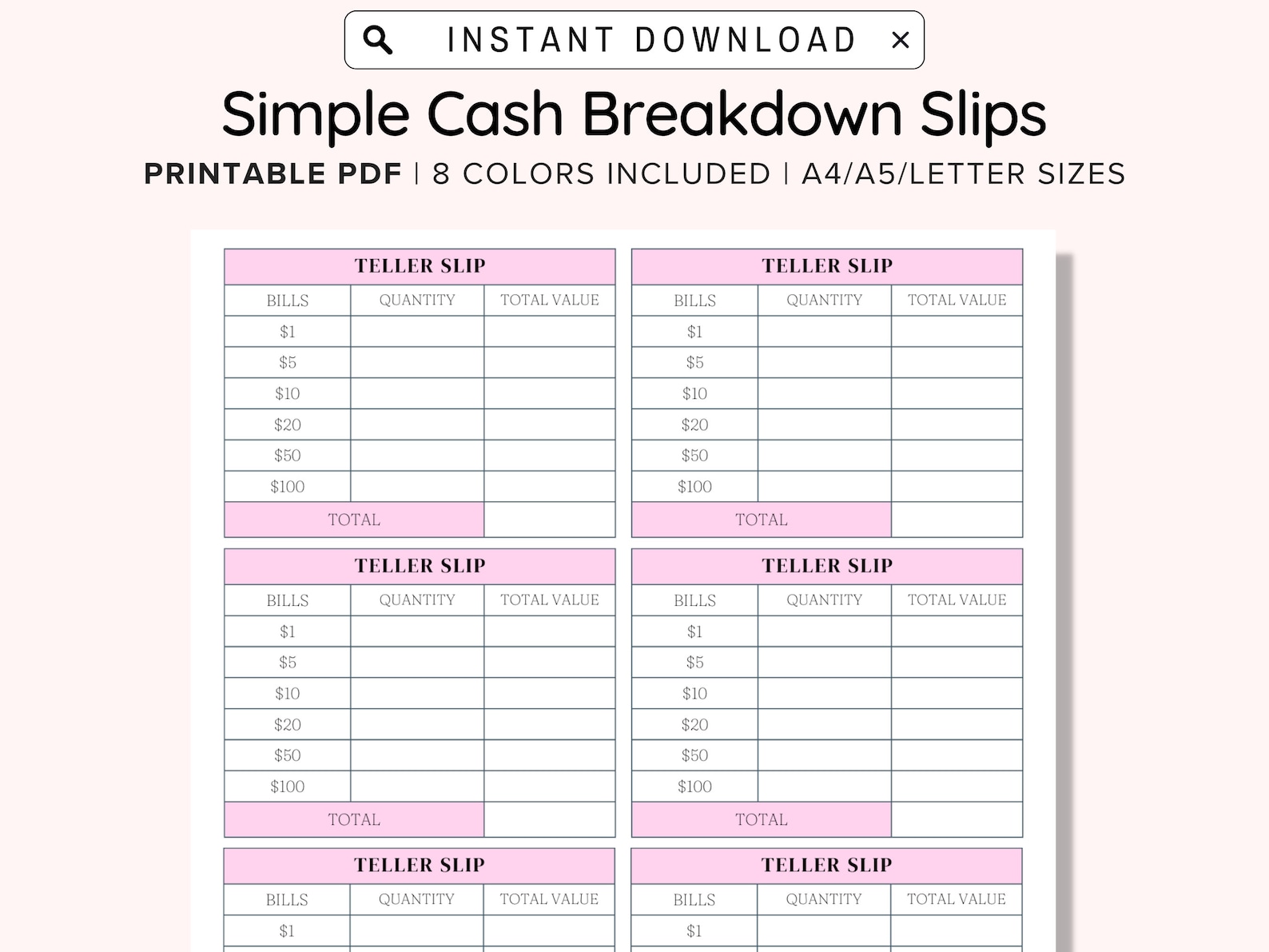 Cash Breakdown Slips Printable, Bank Teller Slips, Cash Withdraw Slips ...