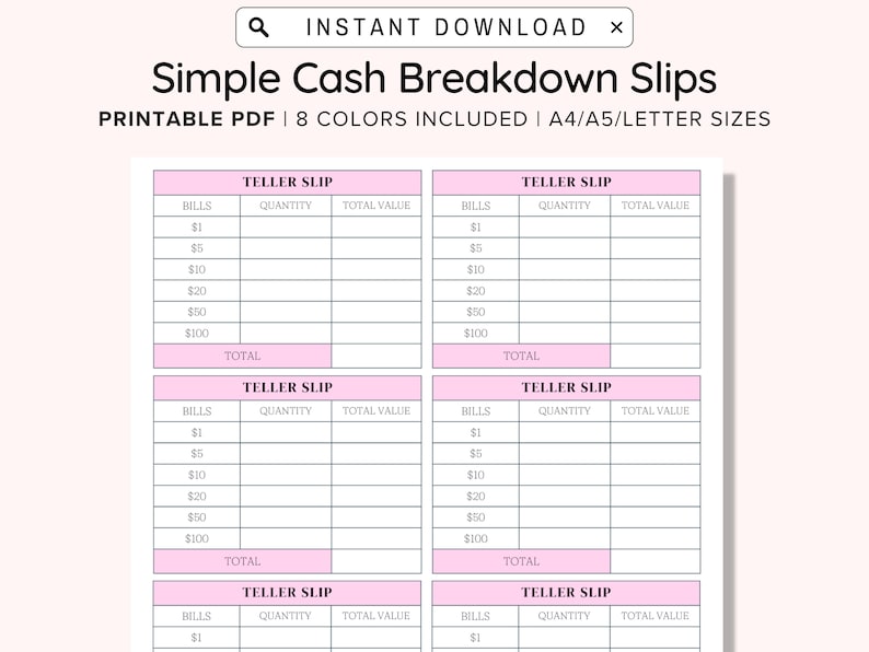 Cash Breakdown Slips Printable, Bank Teller Slips, Cash Withdraw Slips ...