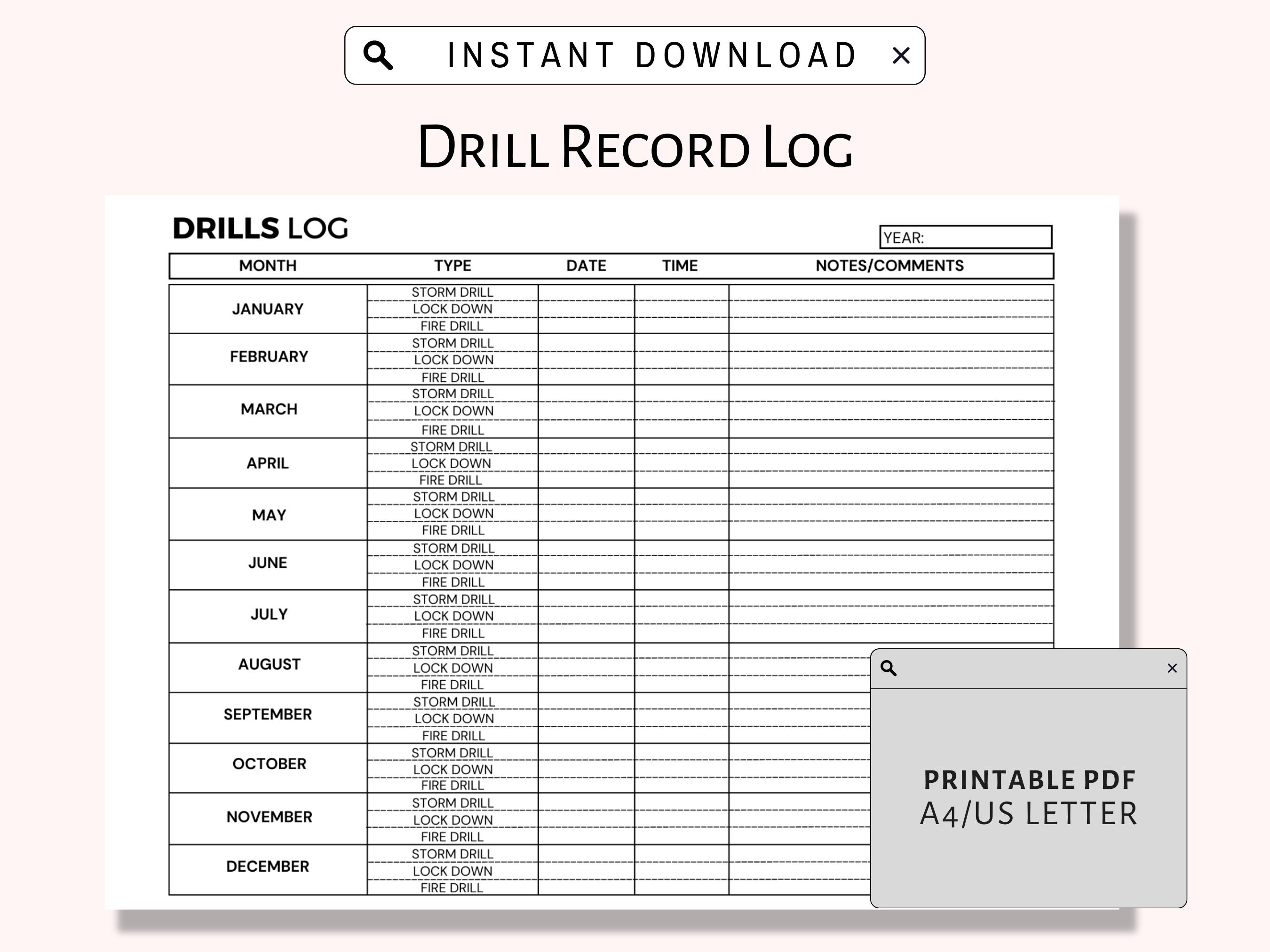 Printable Emergency Evacuation Log, Emergency Drill Record, Fire Drill ...