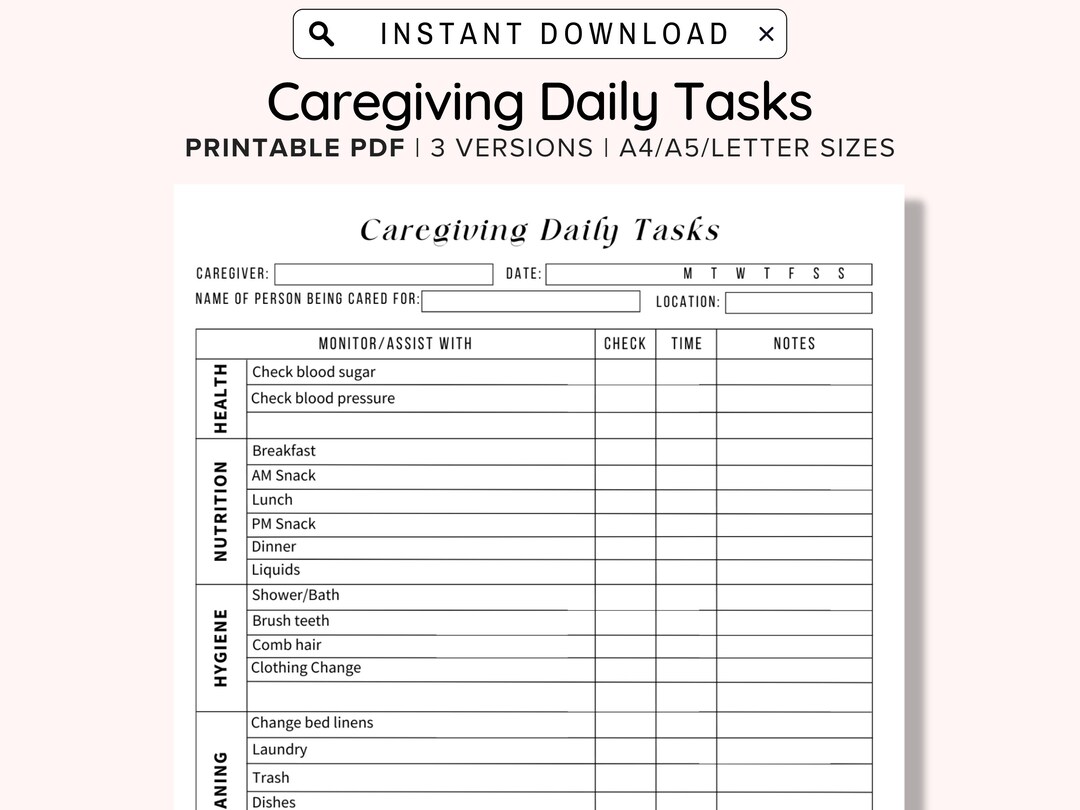 Caregiving Daily Tasks Log Printable, Elderly Care Caregiving Checklist ...