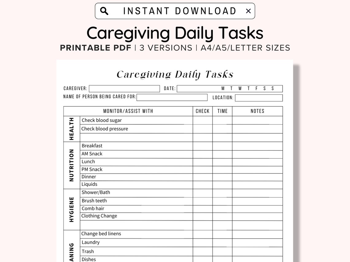 Caregiving Daily Tasks Log Printable, Elderly Care Caregiving Checklist ...