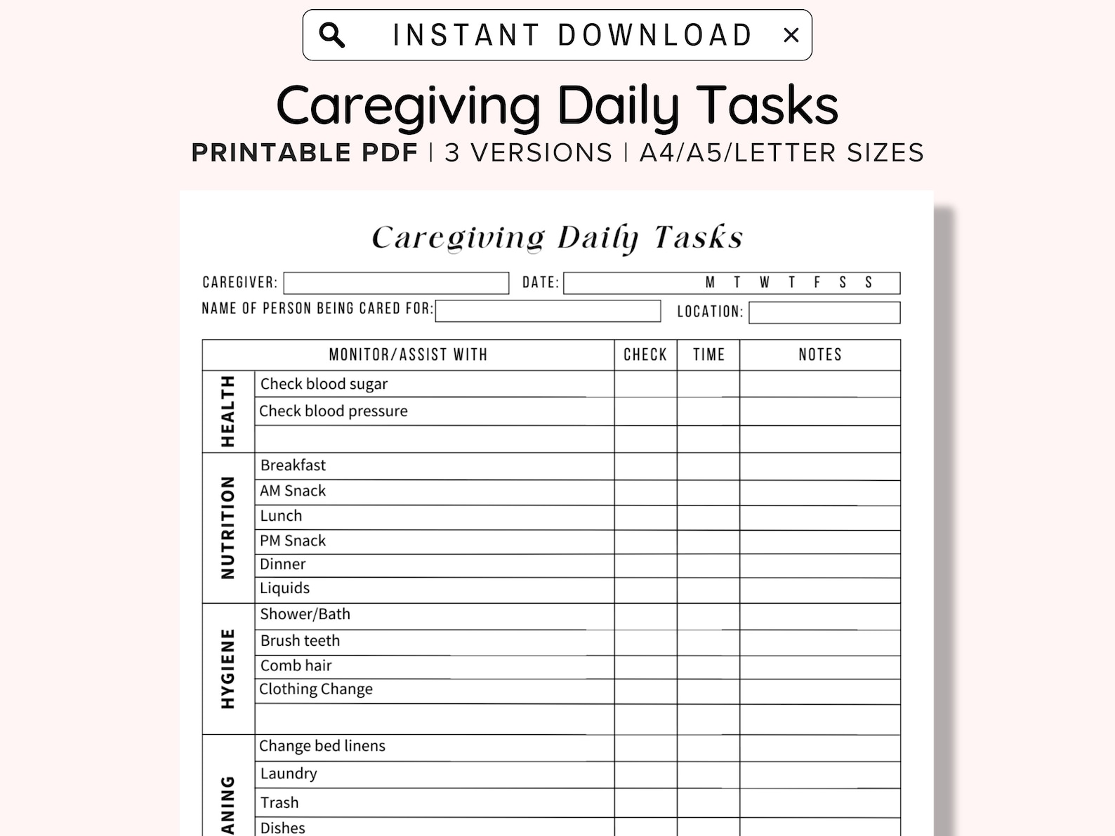 Caregiving Daily Tasks Log Printable, Elderly Care Caregiving Checklist ...