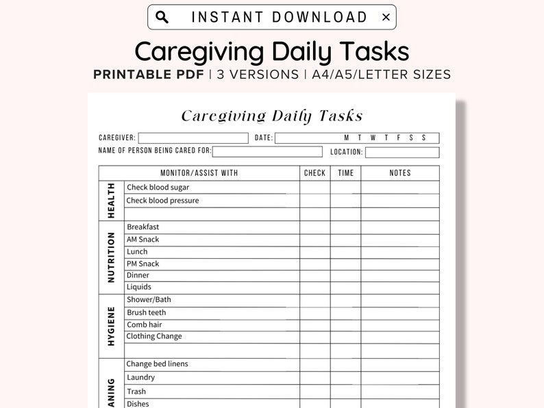 Caregiving Daily Tasks Log Printable, Elderly Care Caregiving Checklist ...