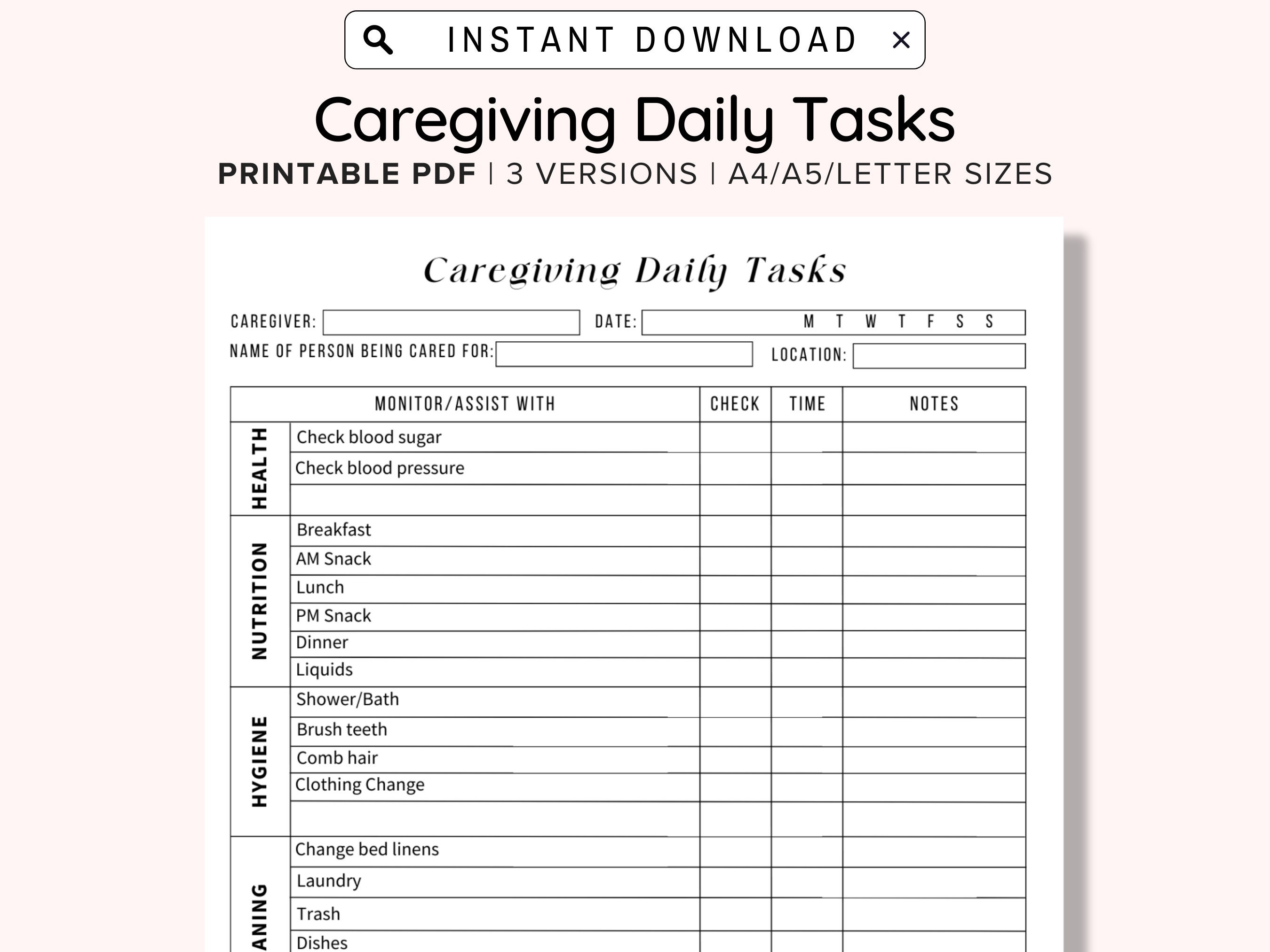 Caregiving Daily Tasks Log Printable, Elderly Care Caregiving Checklist ...