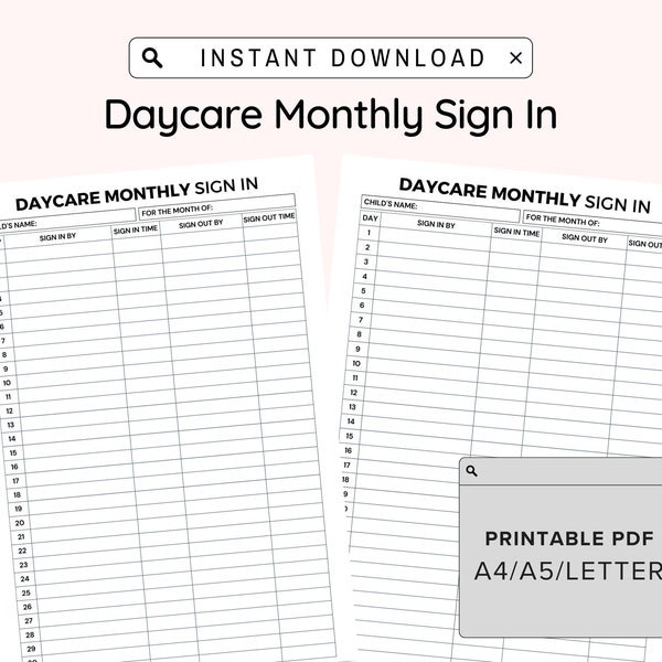 Monthly Daycare Sign in and Out Sheets - Etsy