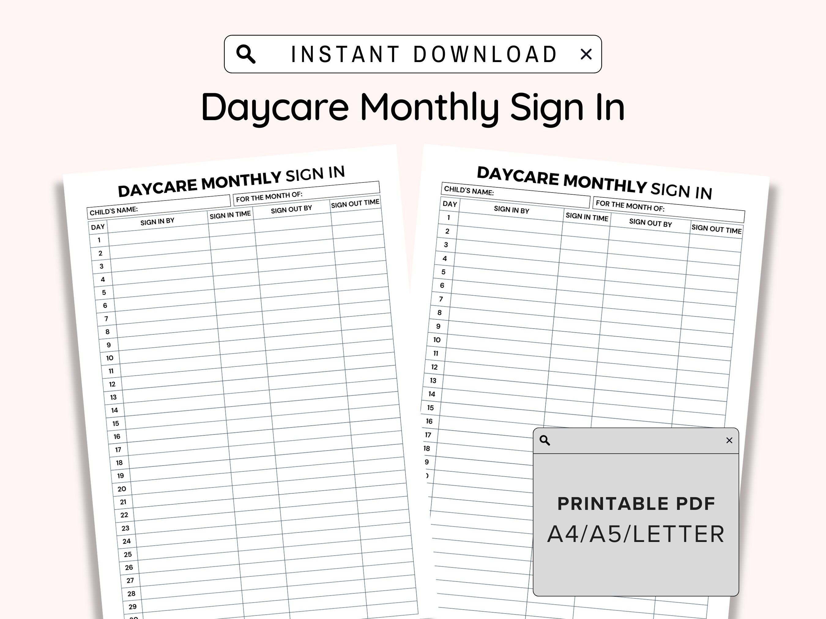 Daycare Monthly Sign in and Out, Student Name Print and Write, Sign in ...