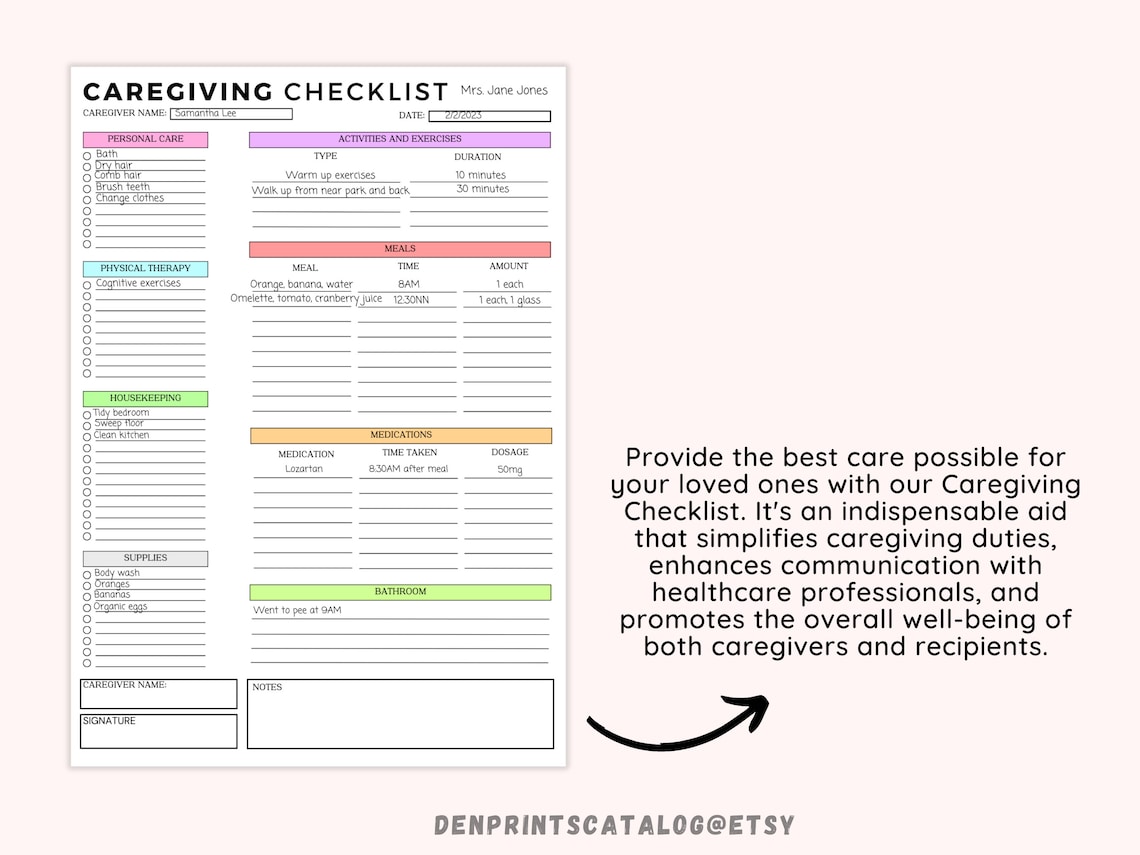 Caregiver Daily Tasks Printable, Caregiving Checklist, Elderly Care ...