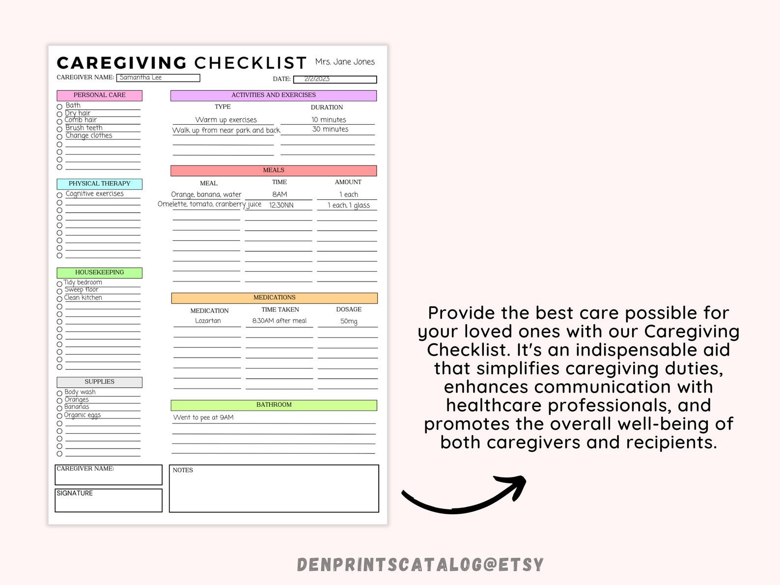 Caregiver Daily Tasks Printable, Caregiving Checklist, Elderly Care ...