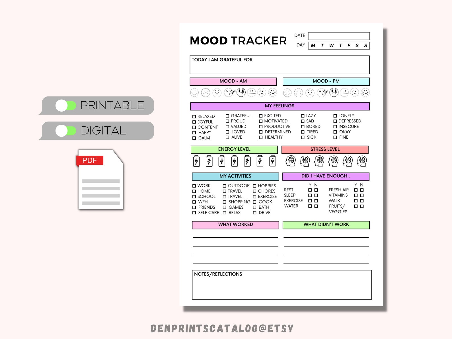 Daily Mood Tracker Printable, Printable Mood Track, Emotion Tracker ...