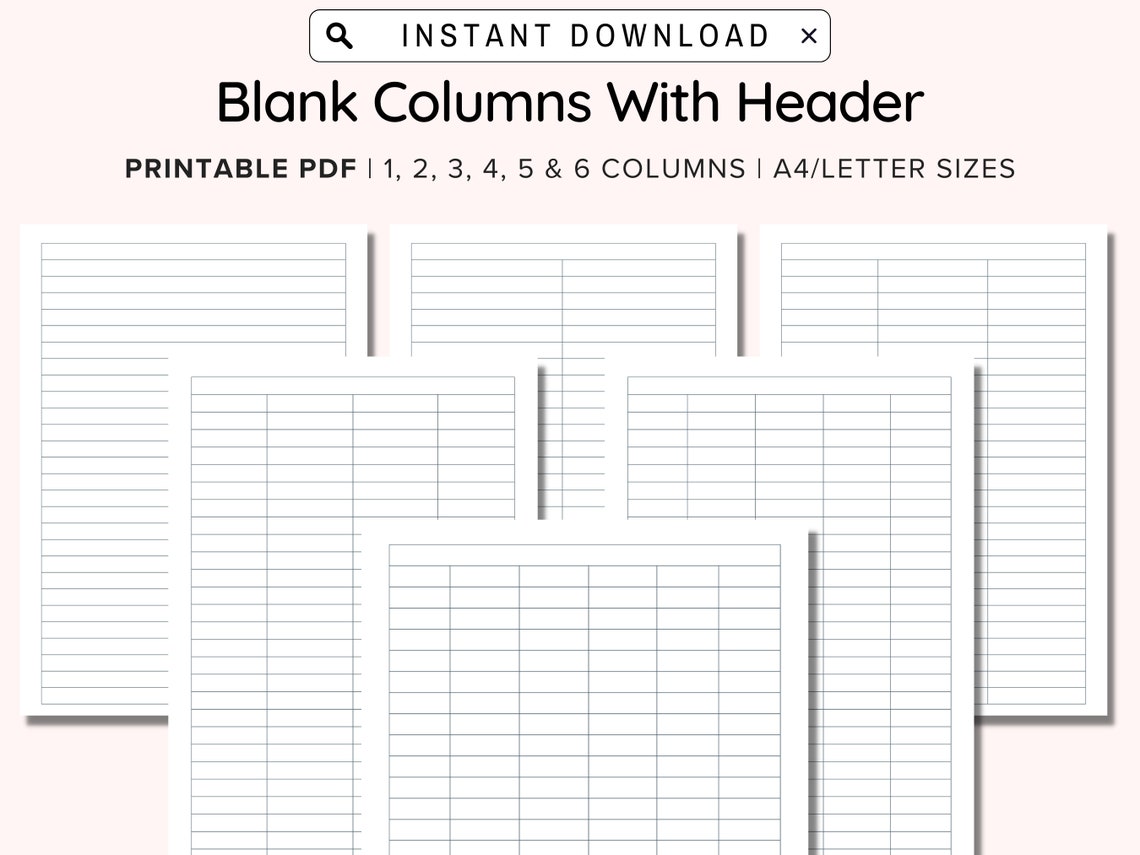 Printable Blank Columns Charts With Header One, Two, Three, Four, Five ...