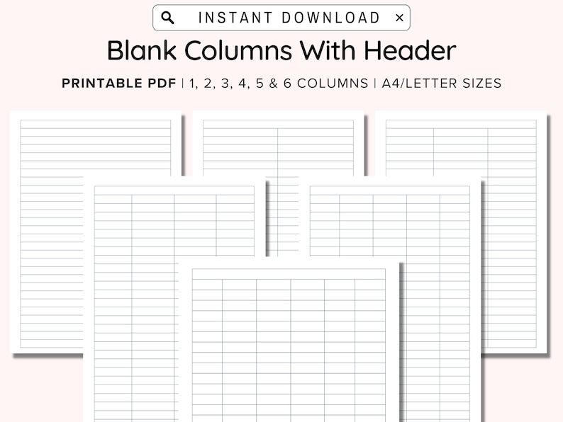 Printable Blank Columns Charts With Header One, Two, Three, Four, Five ...