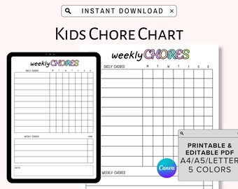 Chore Chart for Kids, Editable Daily and Weekly Kids Chore Chart, Teens ...