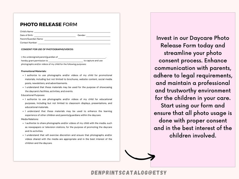Daycare Photo Release Form Printable Childcare Center Social - Etsy