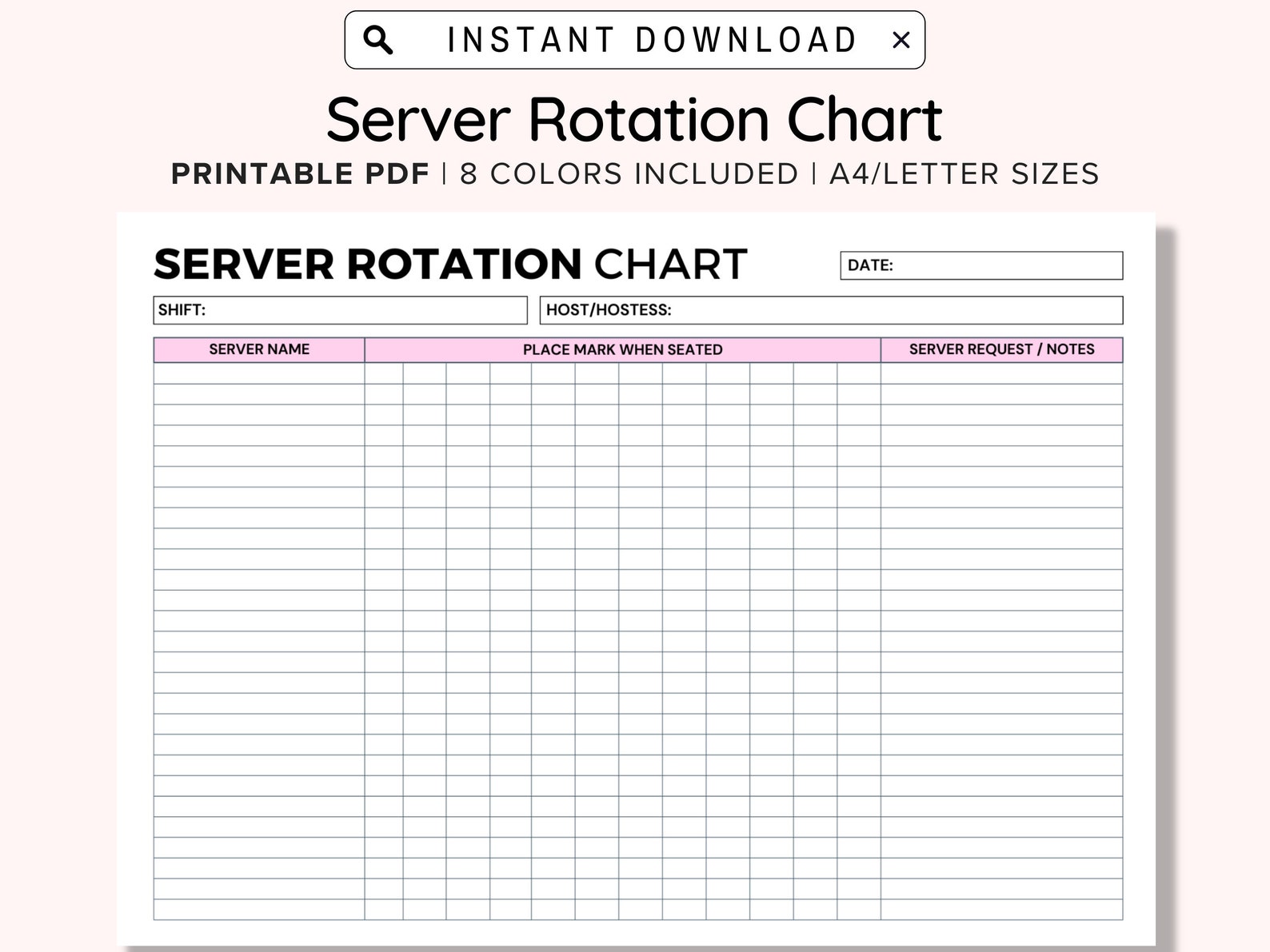 Printable Server Rotation Chart, Server Chart Board, Seating Chart ...