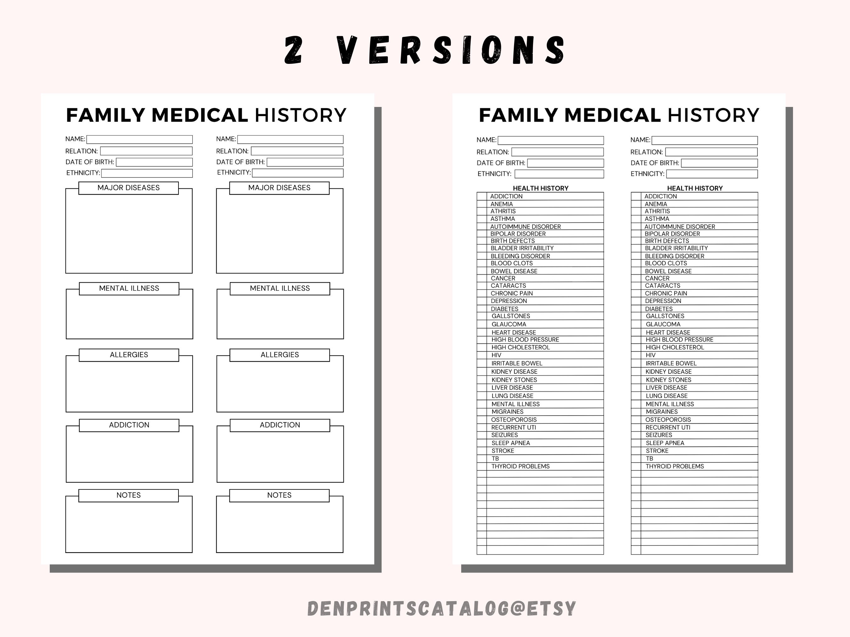 Medical History Form Printable, Family Medical History Form, Family ...