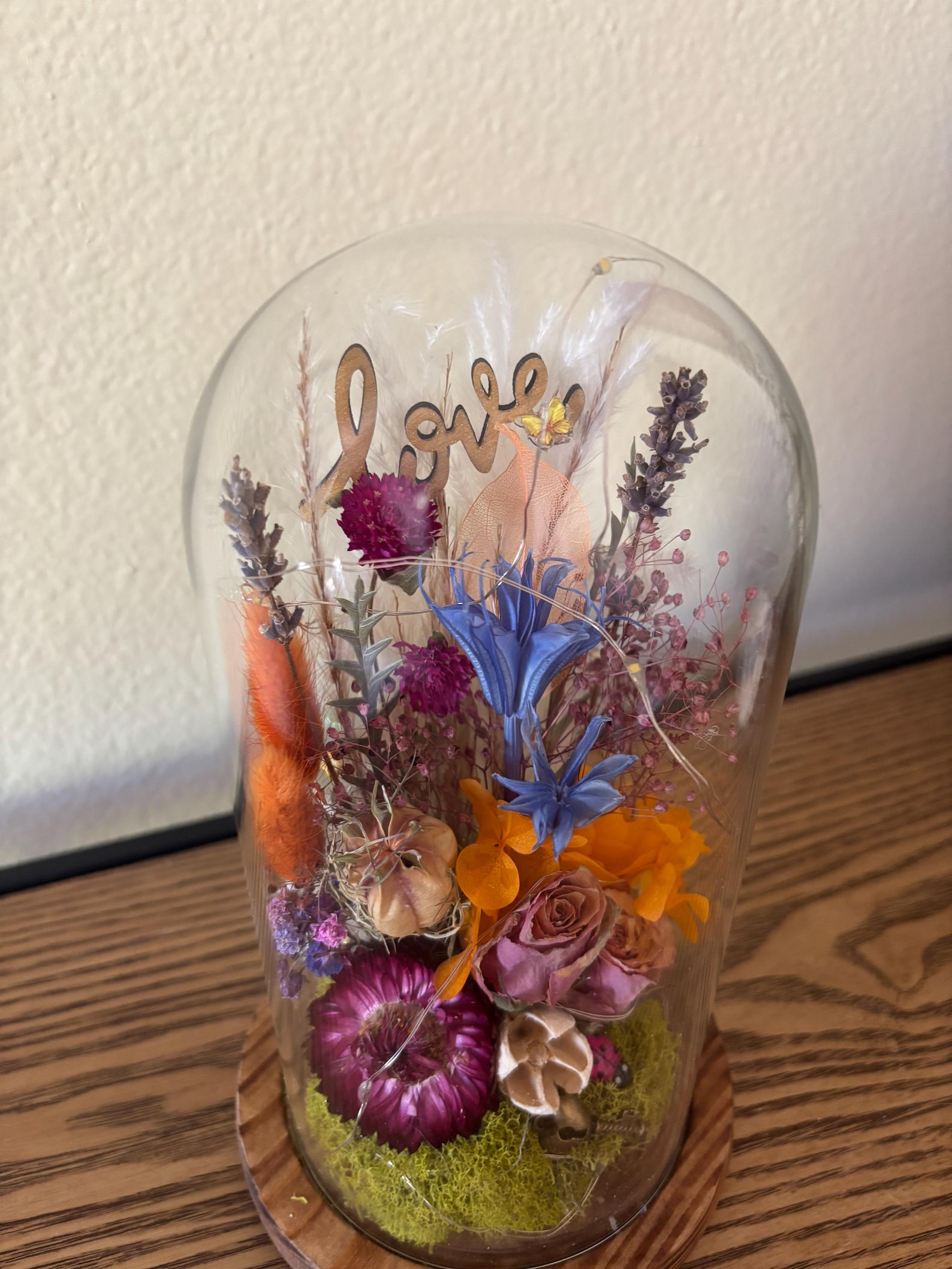 Dried Flower Glass Dome Cloche With Fairy Lights: Personalized Floral ...