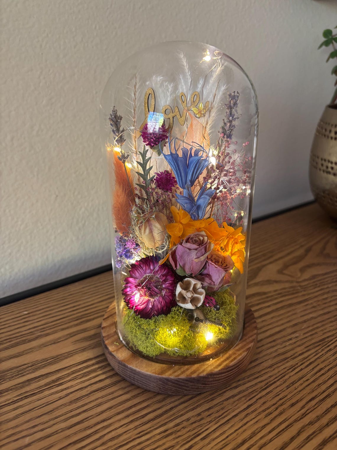 Dried Flower Glass Dome Cloche With Fairy Lights: Personalized Floral ...