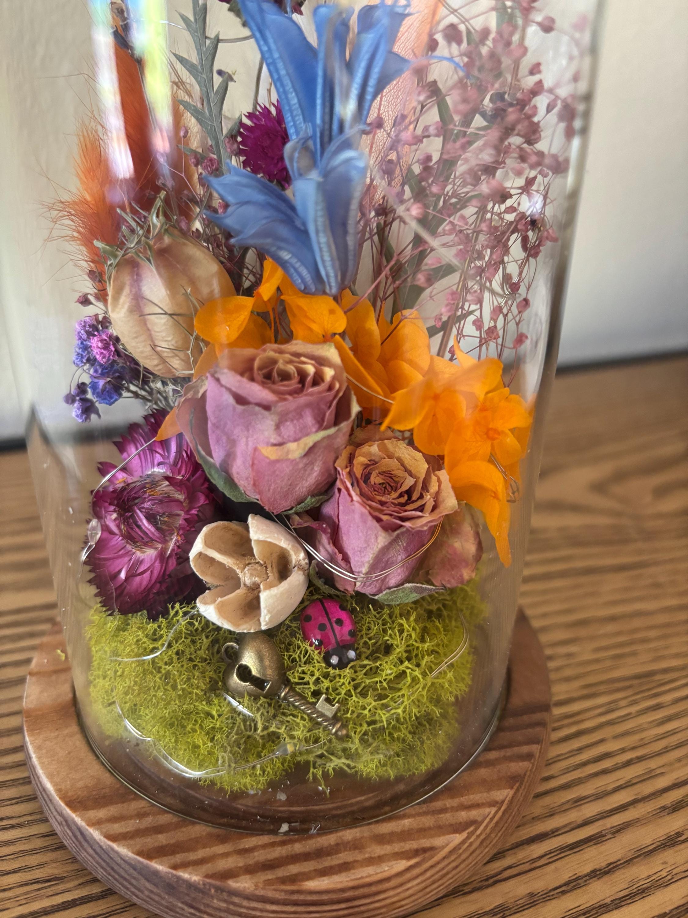 Dried Flower Glass Dome Cloche With Fairy Lights: Personalized Floral ...
