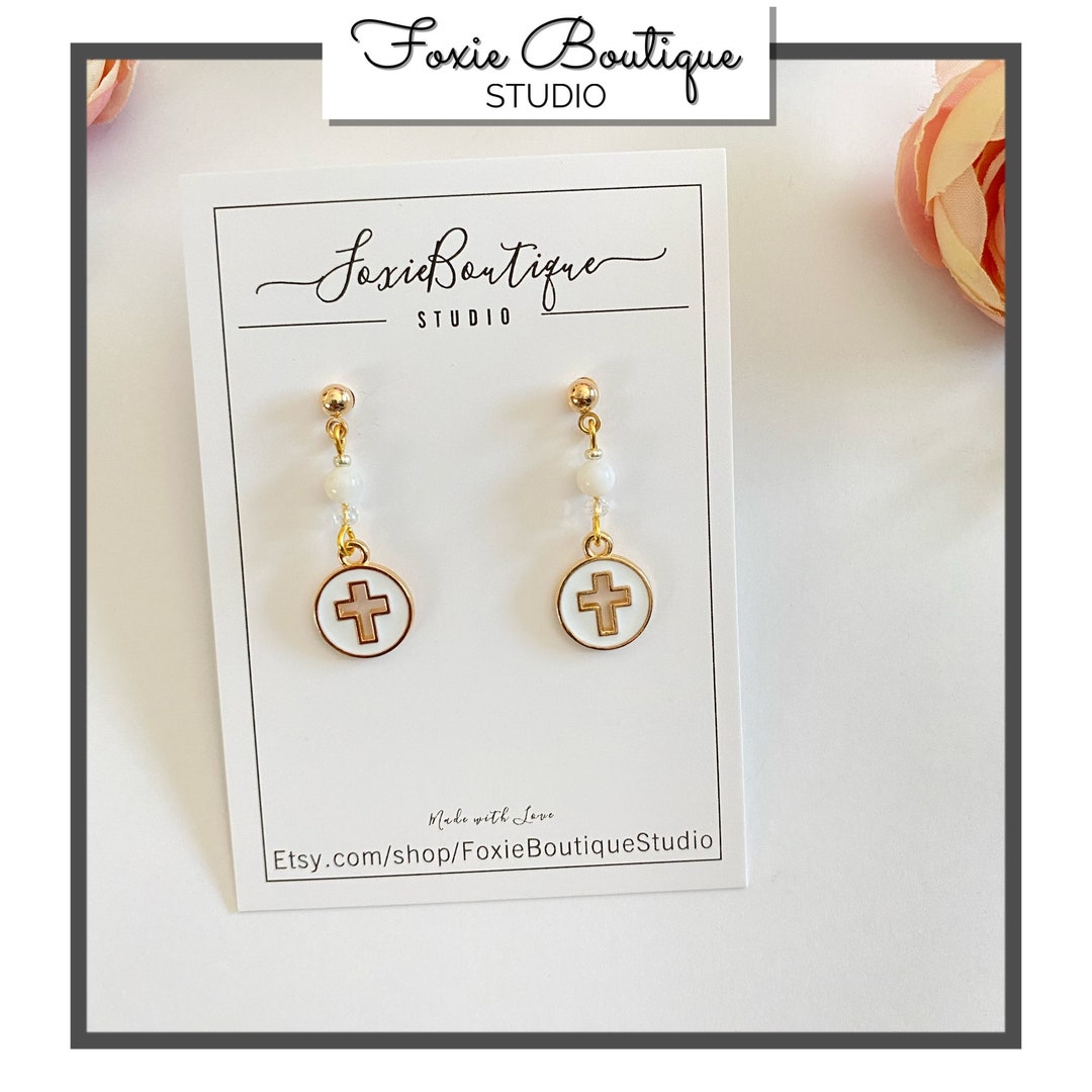 Gold Cross Dangling Stud Earrings With Beads, Lead/nickel Free Post - Etsy