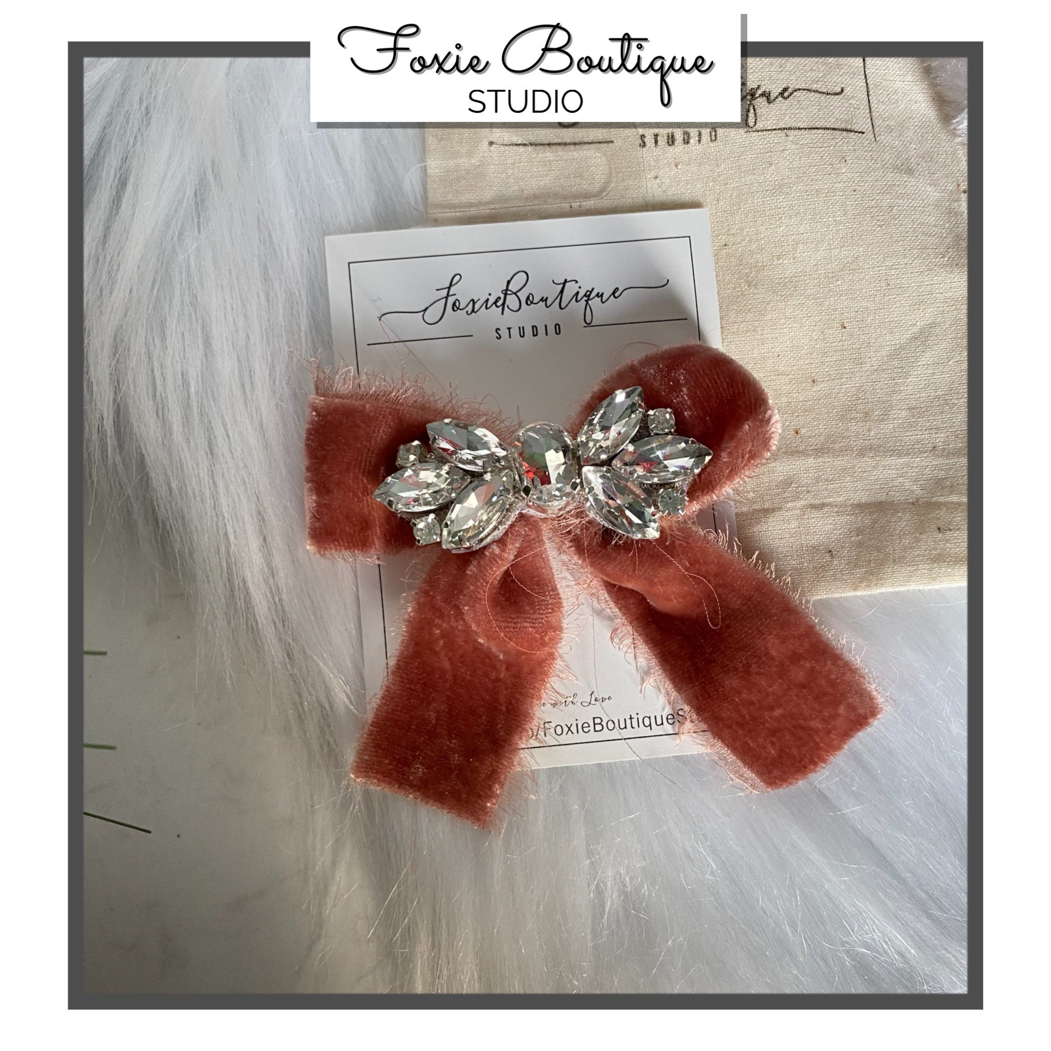 Copper Velvet Bow With Gemstone Center Hair Clip,elegant Bow,hair Clip ...