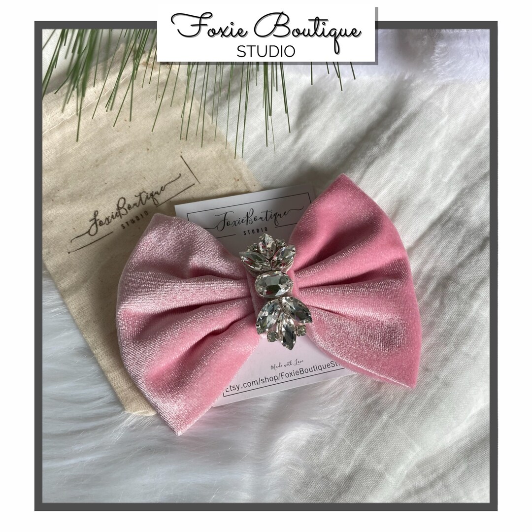 Pink Velvet Bow With Gemstone Center Hair Clip,elegant Bow,hair Clip ...