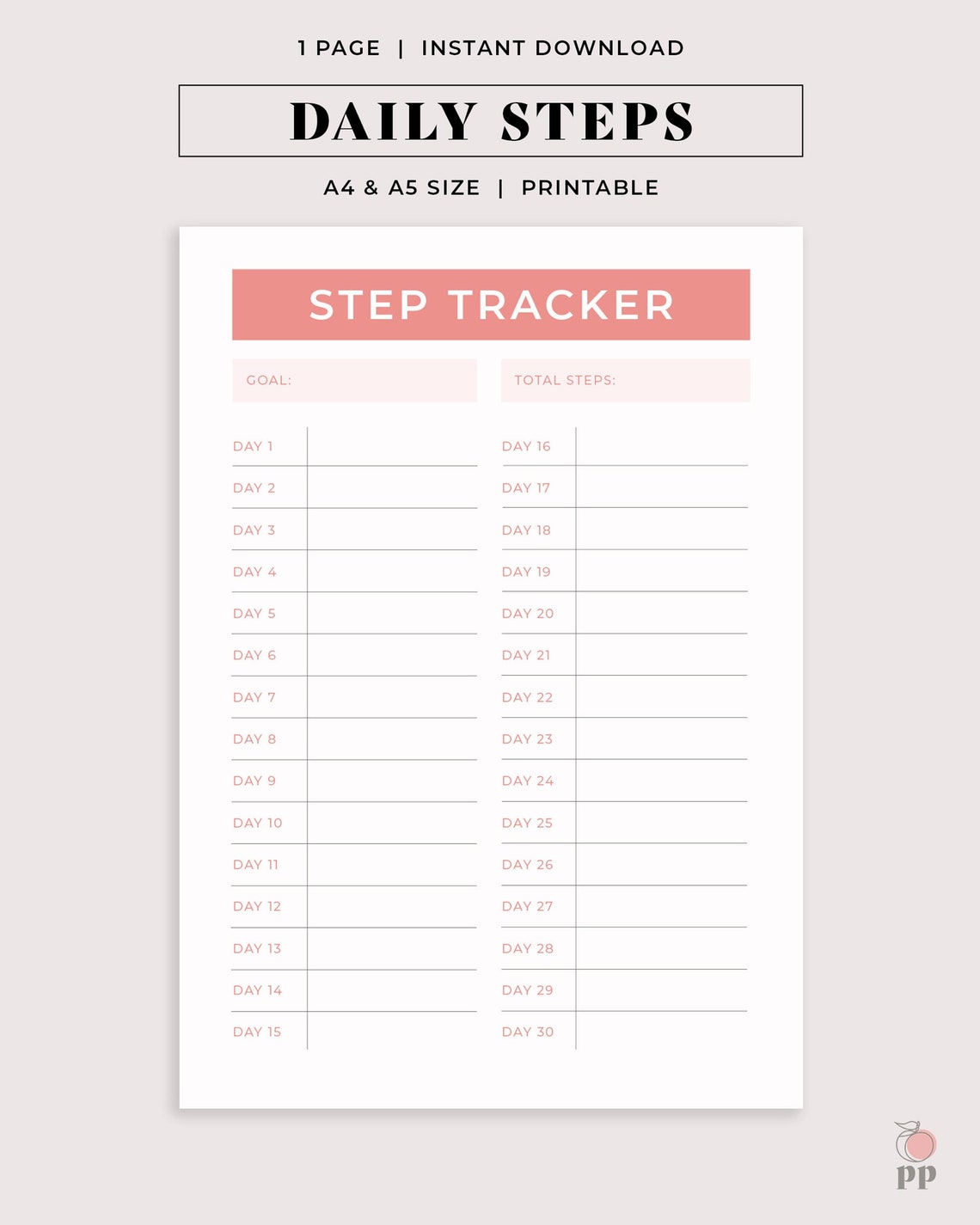 Daily Step Tracker | Printable PDF | A4 & A5 | Pink/peach - Etsy