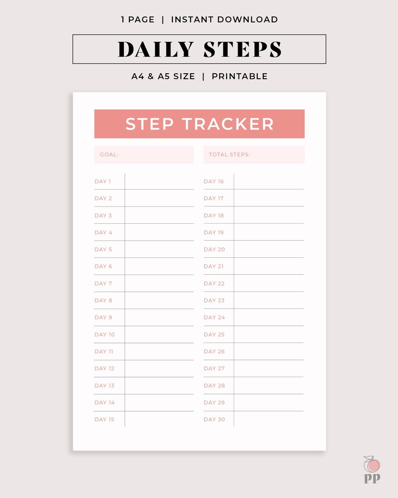 Daily Step Tracker | Printable PDF | A4 & A5 | Pink/peach - Etsy