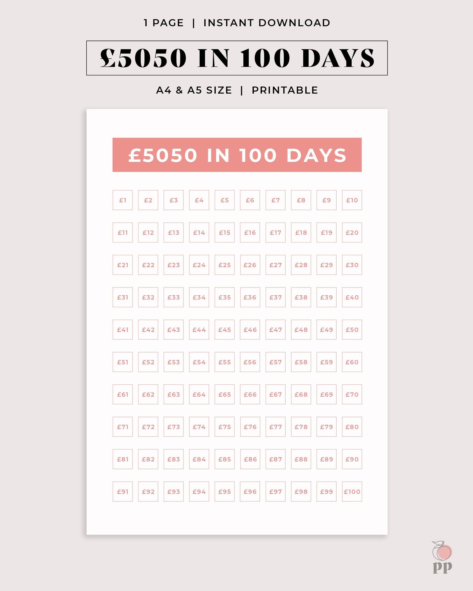5000 in 100 Days, Money Saving Challenge | Printable PDF | A4 & A5 ...