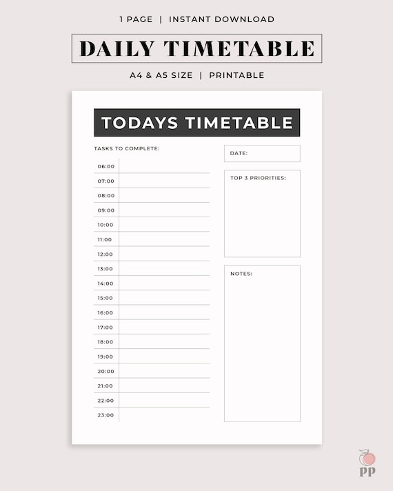 Daily Timetable Black Printable PDF A4 & A5 | Etsy