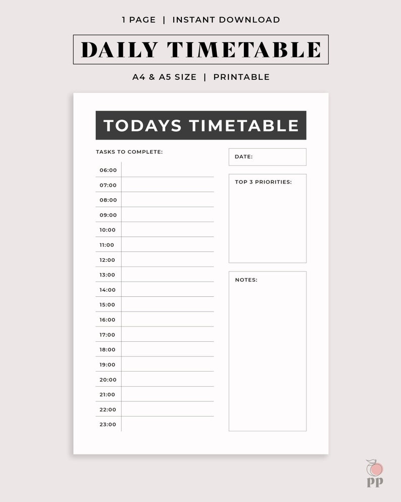 Daily Timetable Black | Printable PDF | A4 & A5 - Etsy