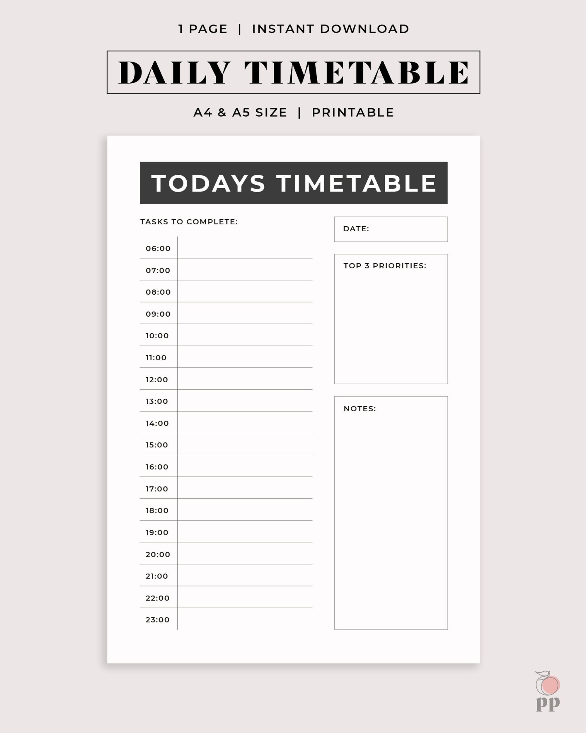 Daily Timetable Black | Printable PDF | A4 & A5 - Etsy