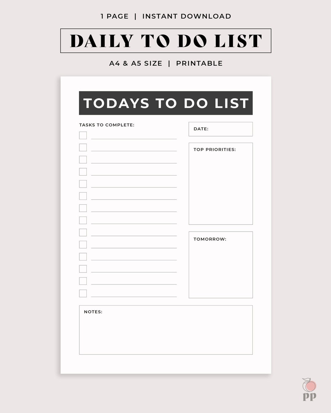 Daily to Do List Black | Printable PDF | A4 & A5 - Etsy