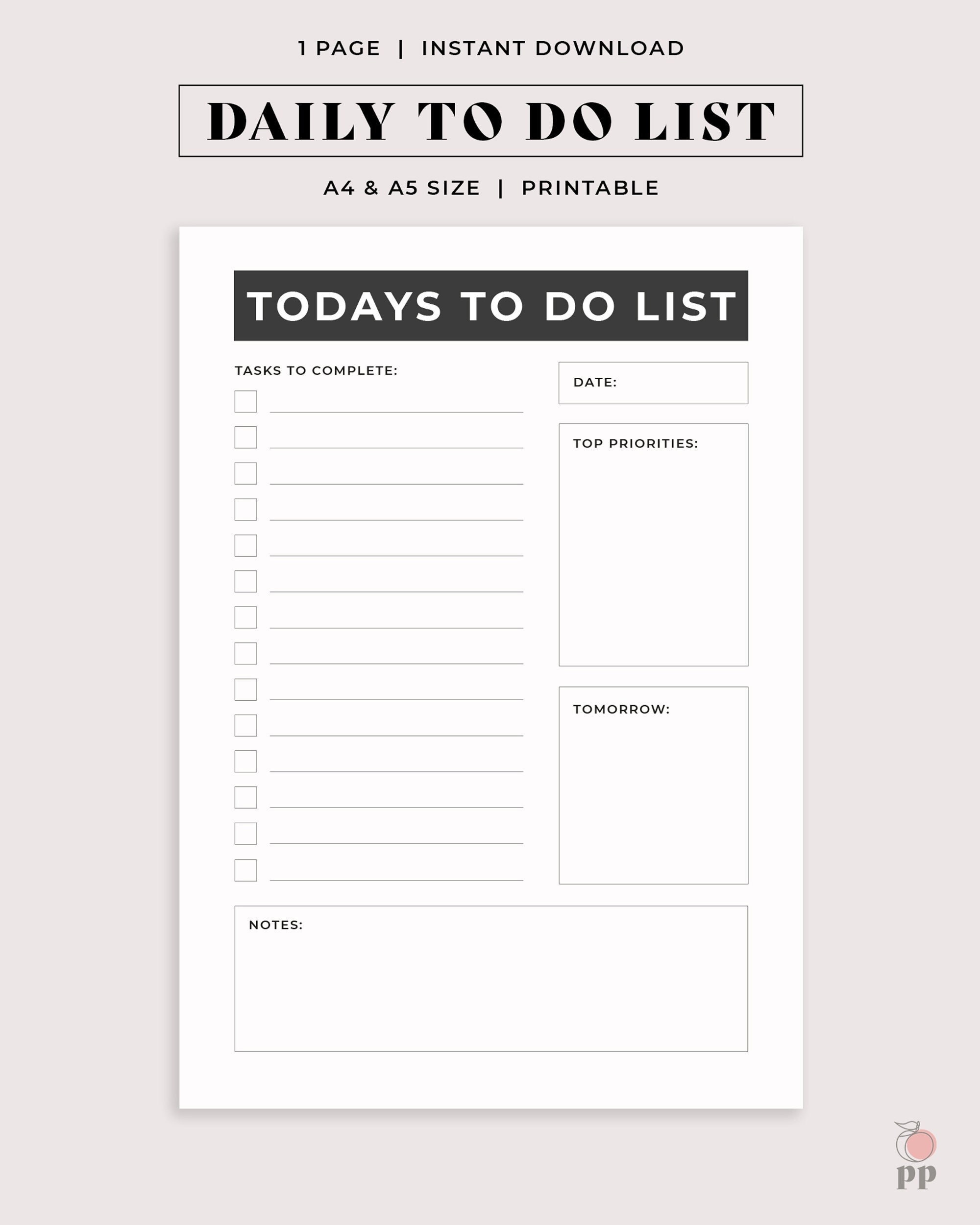 Daily to Do List Black | Printable PDF | A4 & A5 - Etsy