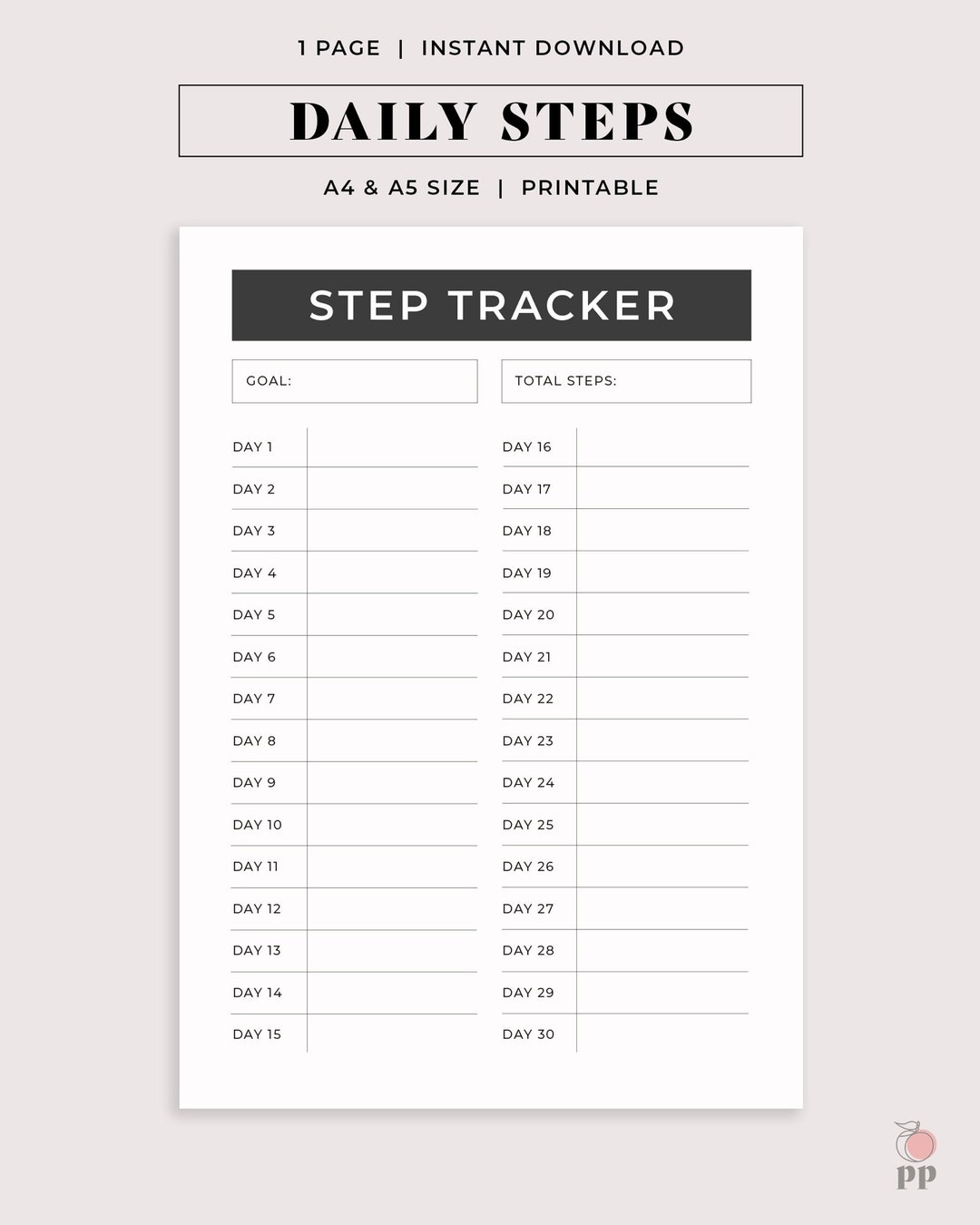 Daily Step Tracker Black | Printable PDF | A4 & A5 - Etsy