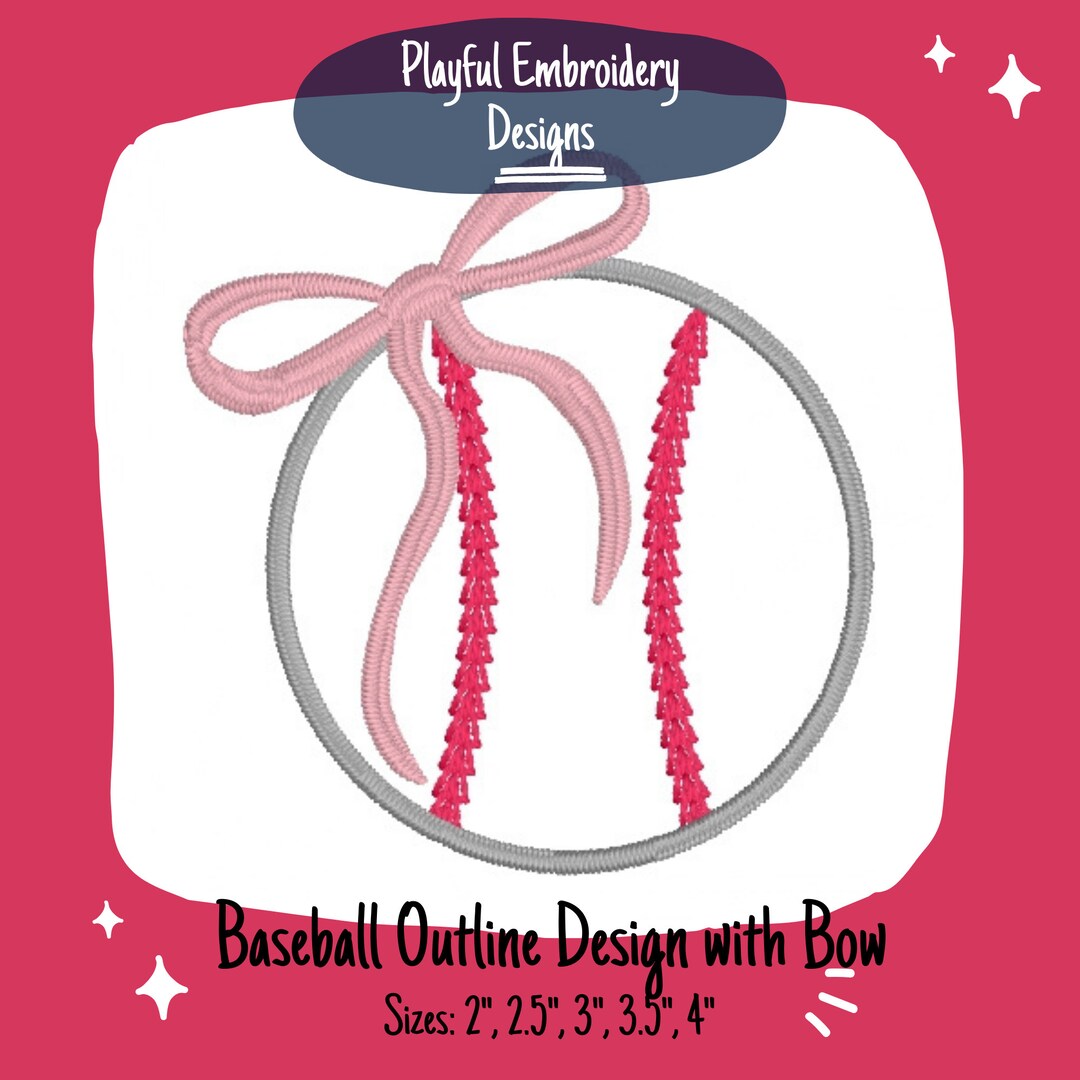 Baseball With Bow Embroidery Design, Quick Stitch Baseball Embroidery ...