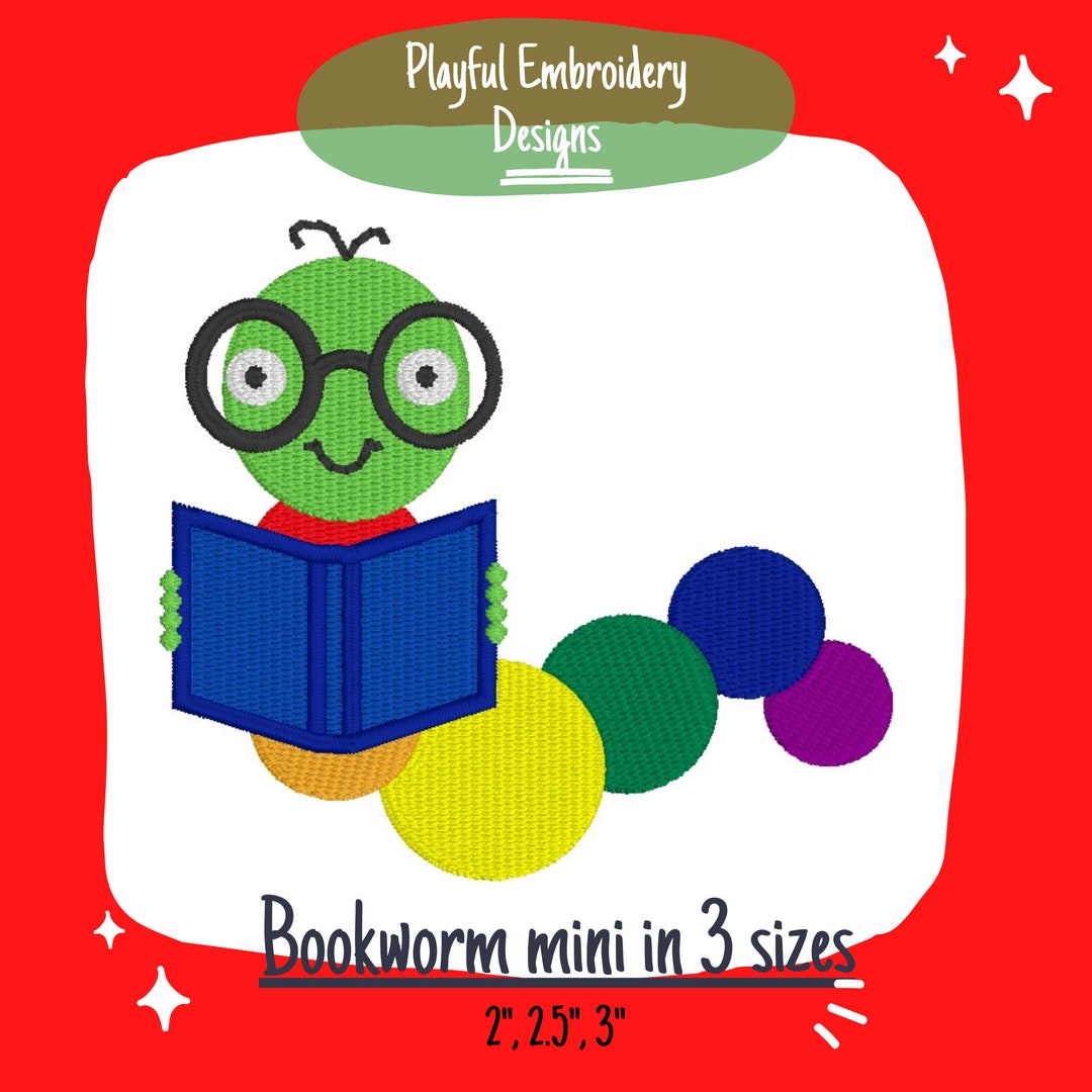 Bookworm Reading Embroidery Design, School Library Applique (digital ...